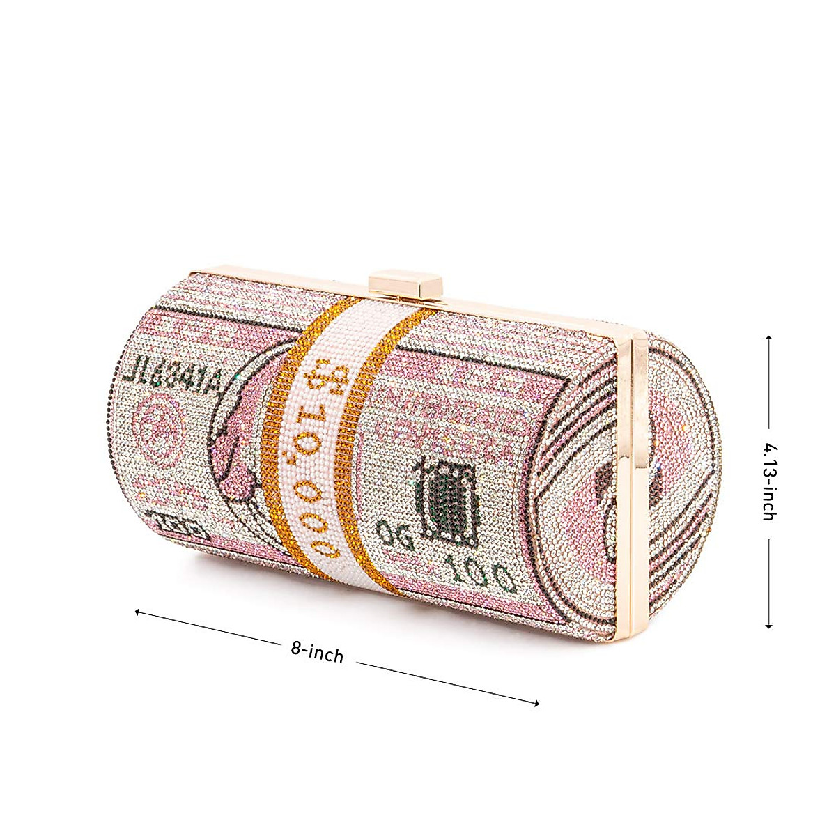 TANOSII Women Stack of Cash Evening Bag Crystal Rhinestone Clutch Money Shoulder Bag Dollar Bill Purse Cylindrical Shape Pink