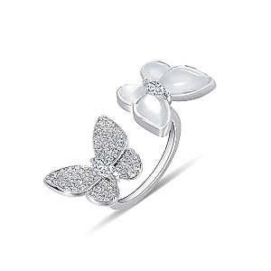 U/B Double Butterfly Rings for Women Natural Opal Ring Ladies Fashion Hand Jewelry AAA Cubic Zirconia Adjustable Ring (Silver)