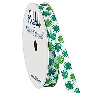 Ribbli Grosgrain Shamrock Craft Ribbon,3/8-Inch,10-Yard Spool, White/Green, Use for St. Patrick's Day,Gift Wrapping,Party Decoration