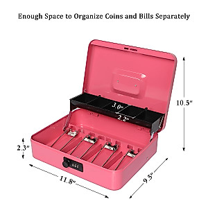 Jssmst Cash Box with Money Tray and Lock - Pink Cash Box with Combination Lock Safe Large, Locking Cash Register Drawer Box for Money, 11.8'' x 9.5'' x 3.5'', SM-CB005PC