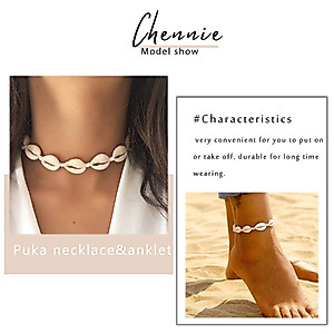Chennie Boho Cowrie Shell Choker Necklace Beach Puka Seashell Necklaces Adjustable Rope Jewelry with Anklets for Women (A Ivory)