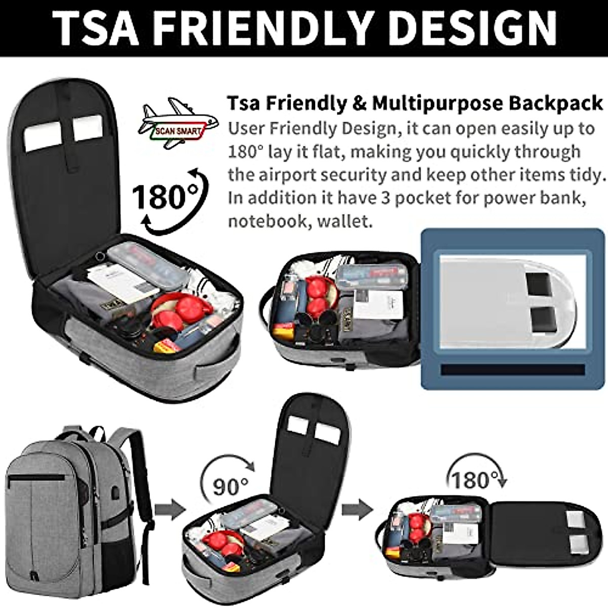 Laptop Backpack, large Capacity Carry on Backpack, Breathable and Comfortable Gift for Men Women, 17.3 Inch TSA Anti-theft Design Business Backpack (Grey)