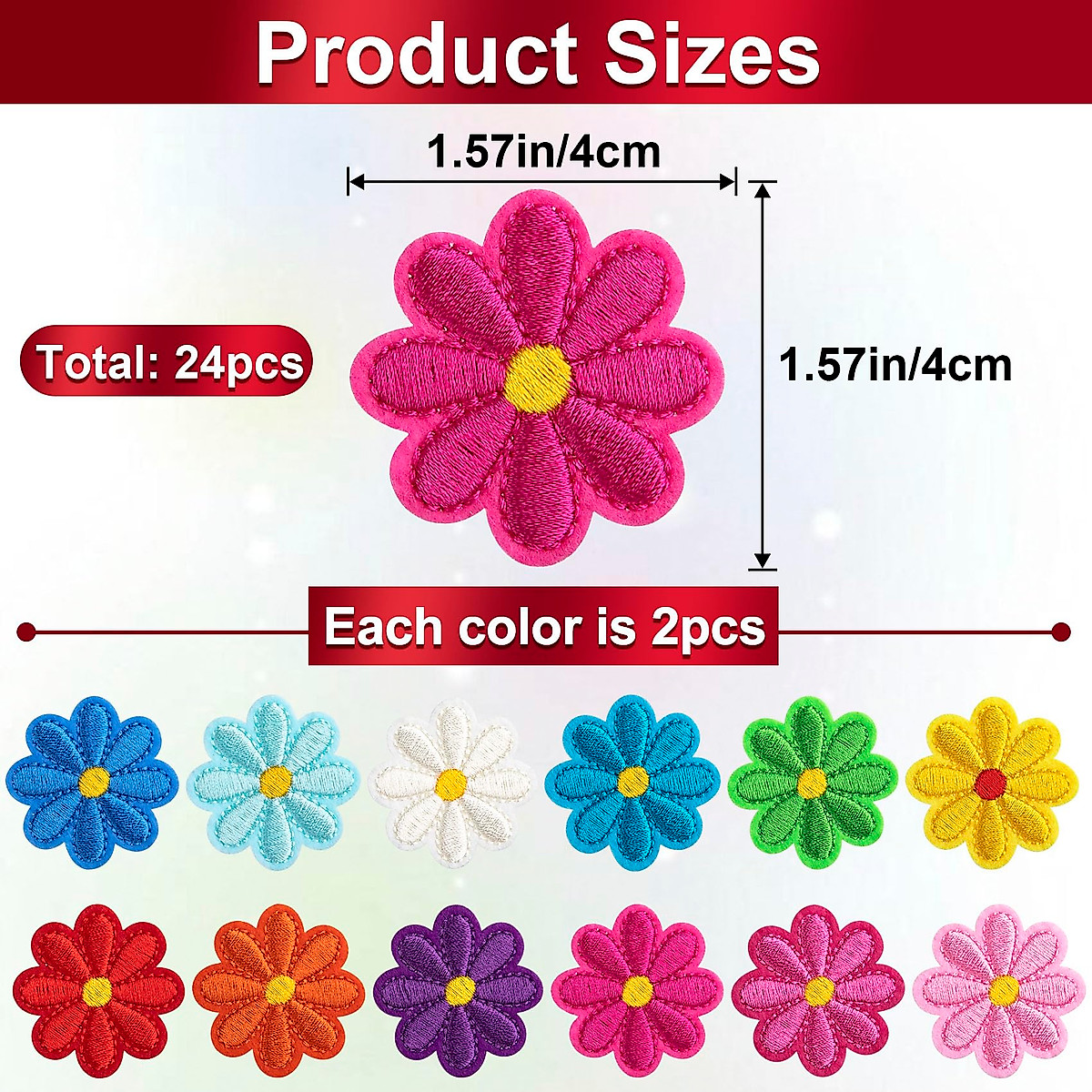 PAGOW 24 Pcs Flower Iron on Patches, Cute Daisy Flower Applique Patch, Sew On Embroidered Applique Sewing Patches for Bags, Jackets, Jeans, Clothes DIY Patches, 1.57x1.57inch (W*H), 12 Colors