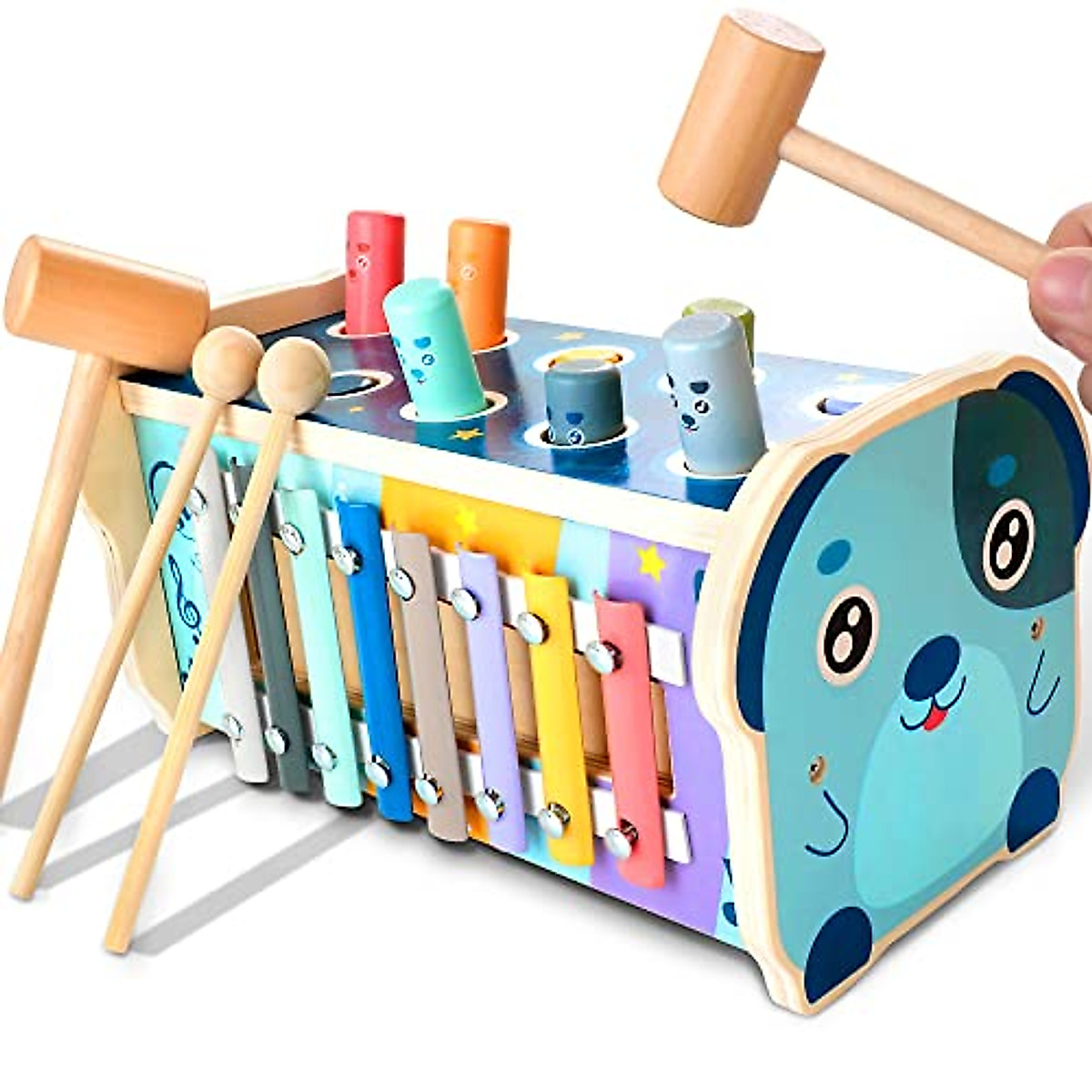 KIDWILL Wooden Hammering Pounding Toy for 12+ Months Kids, Montessori Toys for 1+ Year Old Babies, Early Development Toy with Pounding Bench, Xylophone, Number Sorting Maze, Gifts for Toddlers Age 1-2