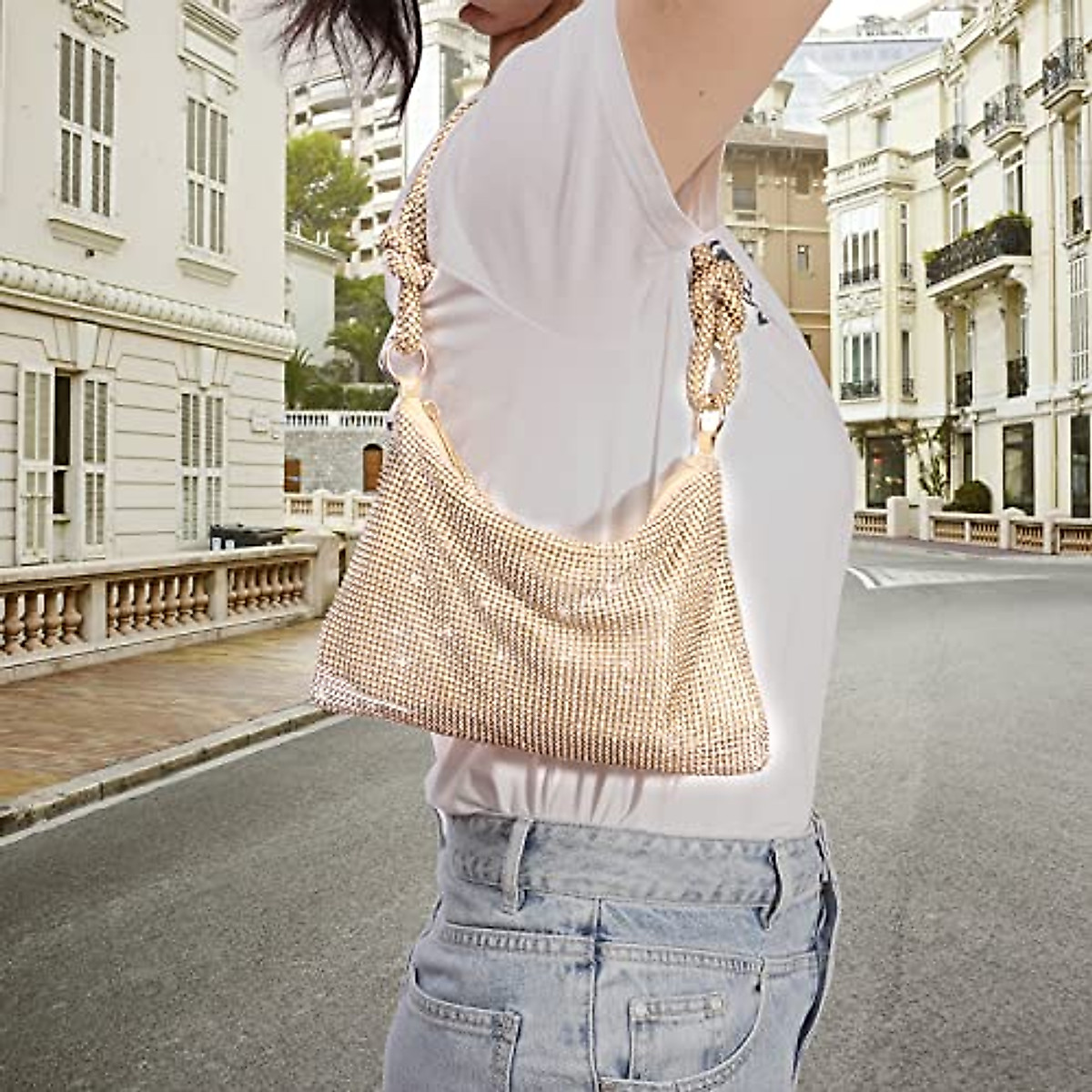 Rhinestone Evening Bags for Womens, Chic Crystal Sparkly Evening Purse Handbag Hobo Bag (Golden)