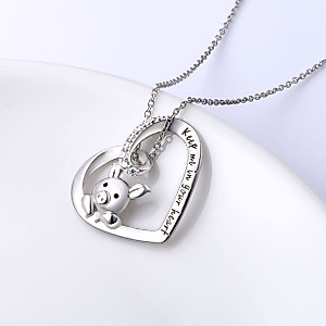 FLYOW 925 Sterling Silver Cubic Zirconia Engraved Keep Me in Your Heart Cute Pig Heart Pendant Necklace for Women Birthday Graduation Gifts