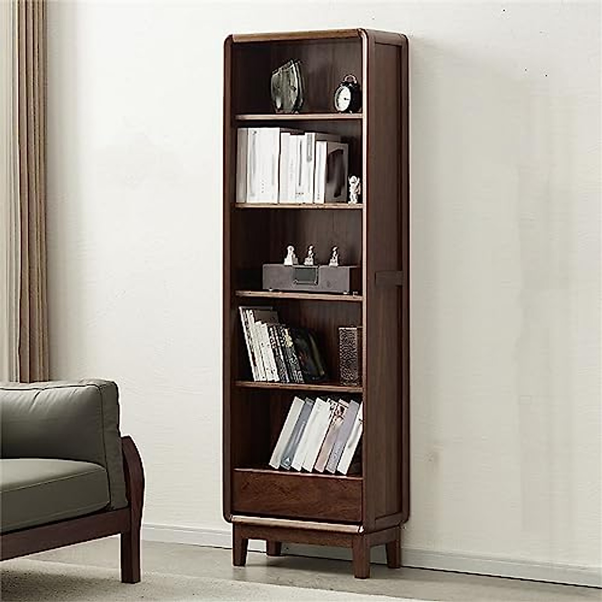 KWOKING Modern Closed Back Bookshelf Standard Solid Wood Bookcase with Drawers Black Walnut Bookcase Study Shelf Office Layered Storage Cabinet Floor-to-Ceiling Bookcase Brown 24" L x 12" W x 75" H