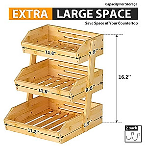 Gmtsl Bamboo Fruit Basket – 3 Tier Fruit Bowl For Kitchen Counter, Large Capacity Fruit Holder With 2 Banana Hangers, Idea For Fruit and Vegetable Storage, Bread Basket, Snack Organizer(BAMBOO)