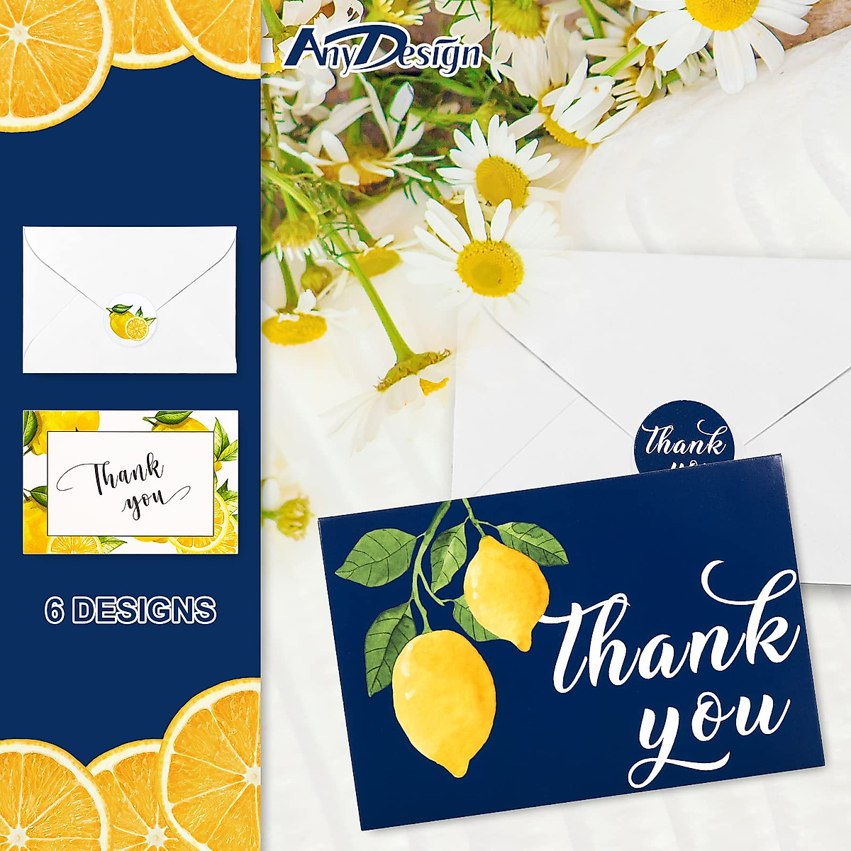 AnyDesign Lemon Thank You Cards Bulk 36 Pack Summer Thank You Cards with Matching Seal Stickers White Envelopes for Wedding, Baby Shower, Bridal Party and All Occasions