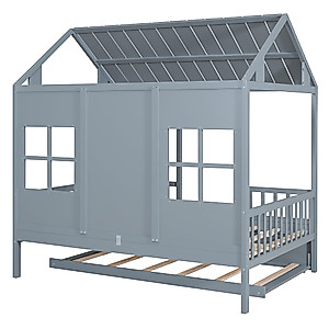 Bellemave Full House Beds with Trundle and Rails Wooden Kids Montessori Bed with Wall and Windows Wood Playhouse Tent Bed Frame for Girls Boys, Full Size, Gray
