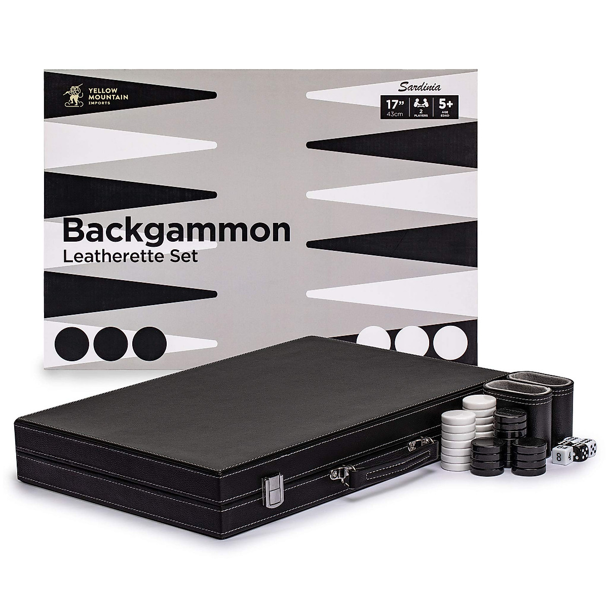 Yellow Mountain Imports Leatherette Backgammon Set, Antalya with Acrylic Checkers and Accessories - 17-inch Folding Board
