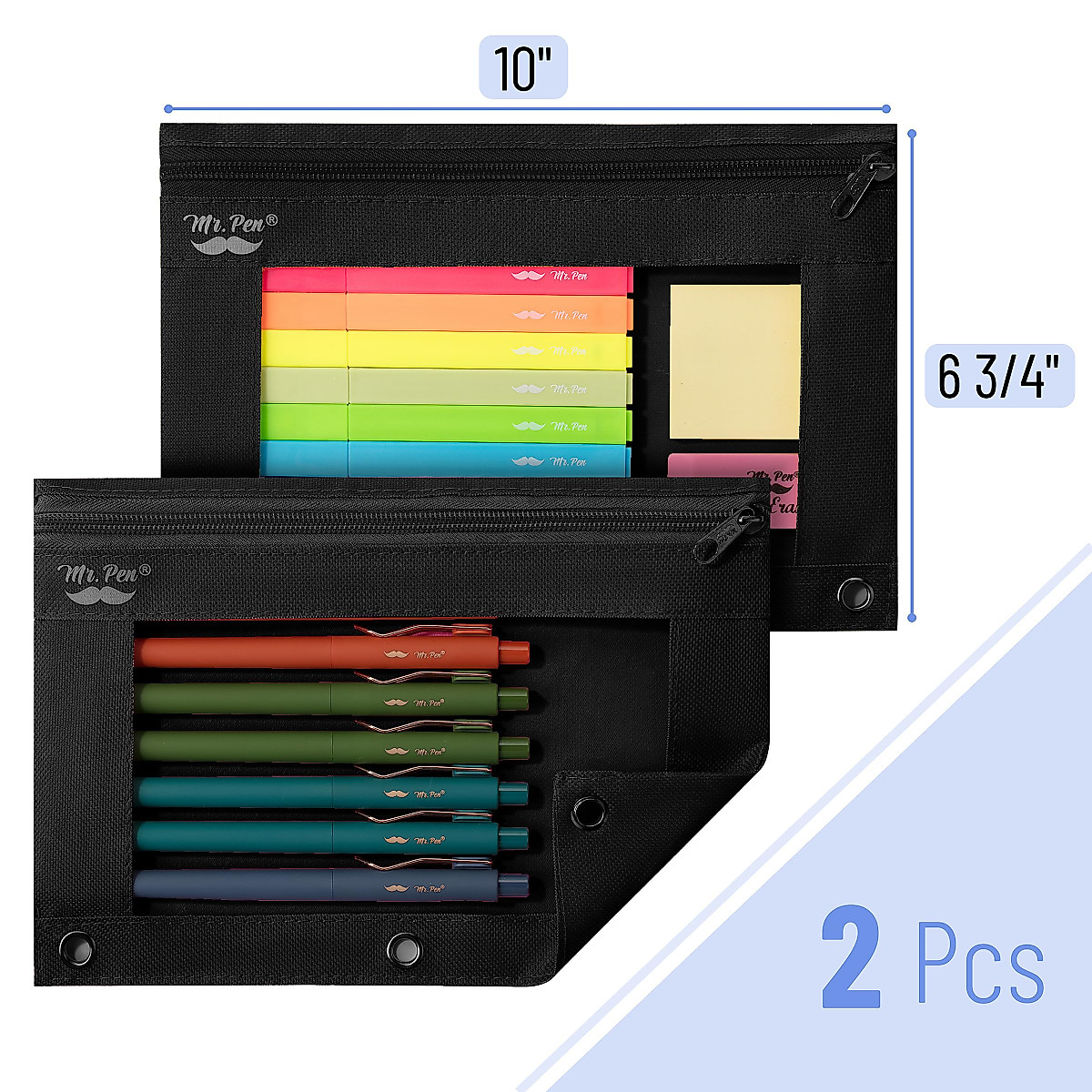 Mr. Pen Fabric Pencil Pouch with 3 Binder Holes, Black, Set of 2