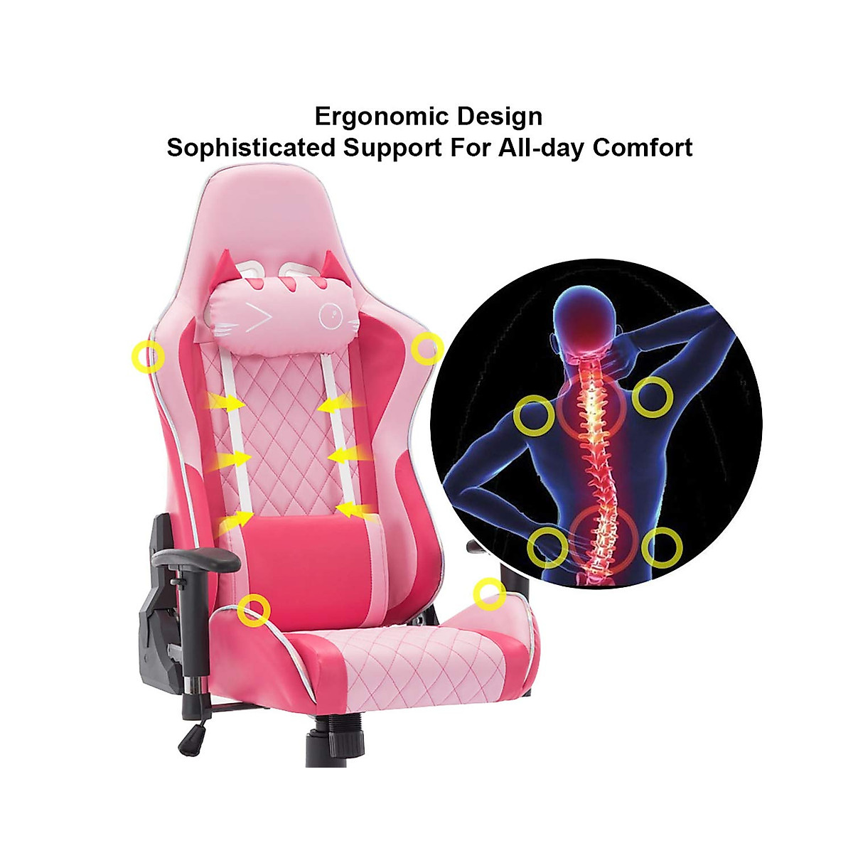 chairus Pink Gaming Chair Racing Computer Desk Game Chair Ergonomic Backrest Reclining Office Chair with Lumbar Pillow and Cute Kitty Headrest