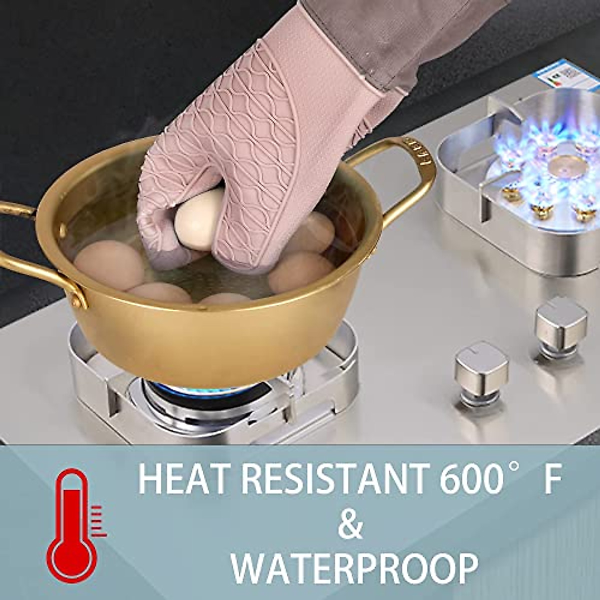 Silicone Oven Mitts Heat Resistant, Oven Mitts and Pot Holders Sets, Kitchen Mittens 5 Piece Set, Oven Gloves for Cooking,Baking,BBQ, Pink Oven Mitts, Easy Clean