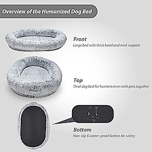 Homguava Large Human Dog Bed 75.5"x55"x12" Human-Sized Big Dog Bed for Adults&Pets Giant Beanbag Bed with Washable Fur Cover,Blanket and Strap, Grey Plush