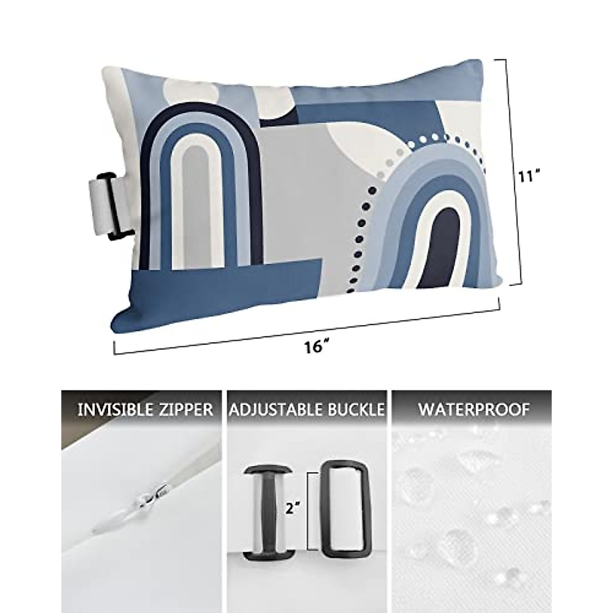 Recliner Head Pillow Ledge Loungers Chair Pillows with Insert Mid-Century Modern Curve Abstract Geometric Blue Gray Lumbar Pillow with Adjustable Strap Patio Garden Cushion for Bench Couch, 2 PCS