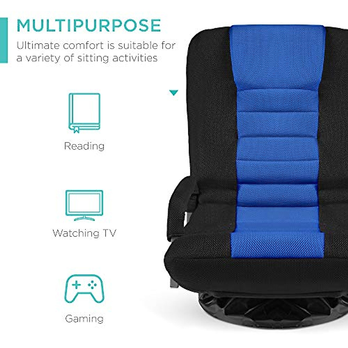 Best Choice Products Swivel Gaming Chair 360 Degree Multipurpose Floor Chair Rocker for TV, Reading, Playing Video Games w/Lumbar Support, Armrest Handles, Adjustable Foldable Backrest - Black/Blue