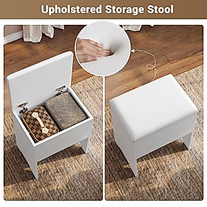 BTHFST Corner Vanity Desk with Lights and Charging Station, Makeup Vanity with Lights, Vanity Set with Mirror and Storage Stool, Makeup Table with Drawers, Rotating Shelves, White