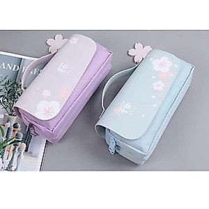 Moovul Blue Cherry Blossom Pencil Case Cute PU Leather Pencil Pouch Stationery Pencil Bag for Teens Girls Boys