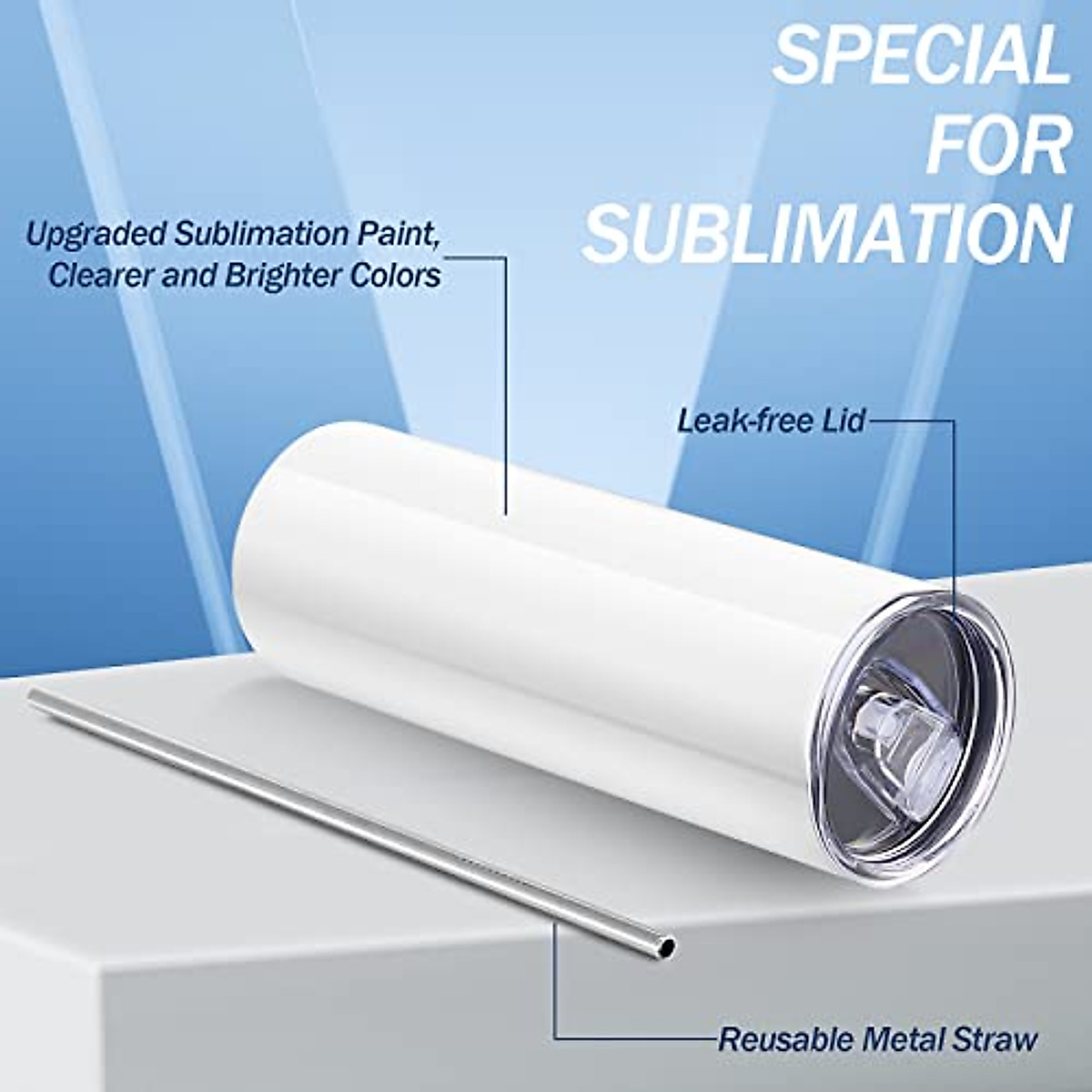 IMAGETI 8 Pack Sublimation Tumblers 20 oz Skinny Straight Tumbler Blank White, Stainless Steel, with Metal Straw, Insulated Tumbler with Leak-Proof Lids for Tumbler Heat Press