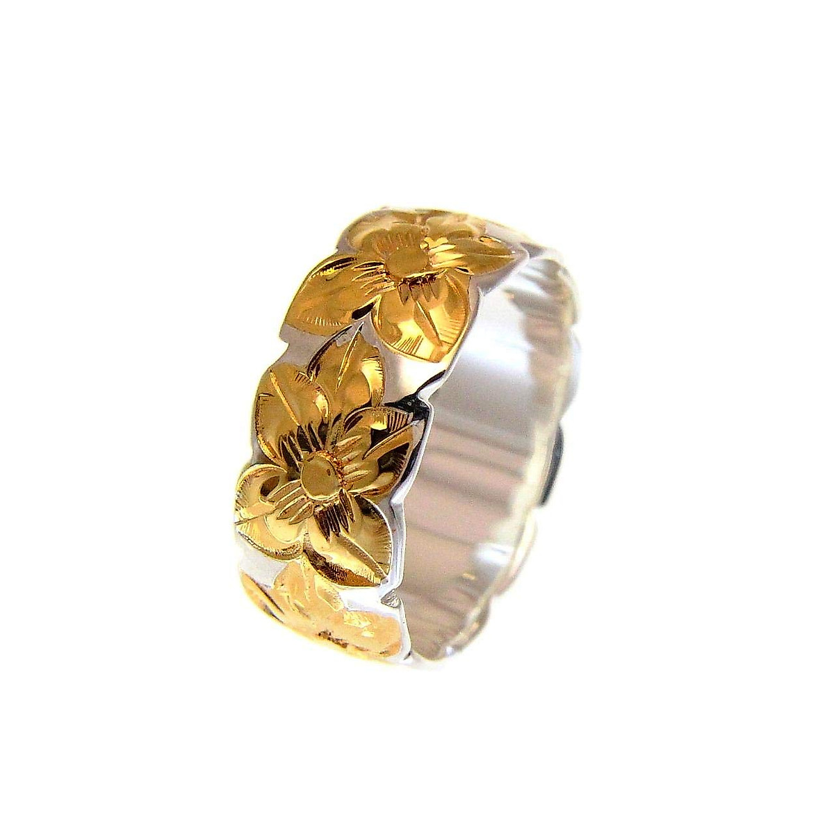 Arthur's Jewelry 925 sterling silver Hawaiian plumeria flower all around 2 tone yellow gold plated 8mm band ring size 14