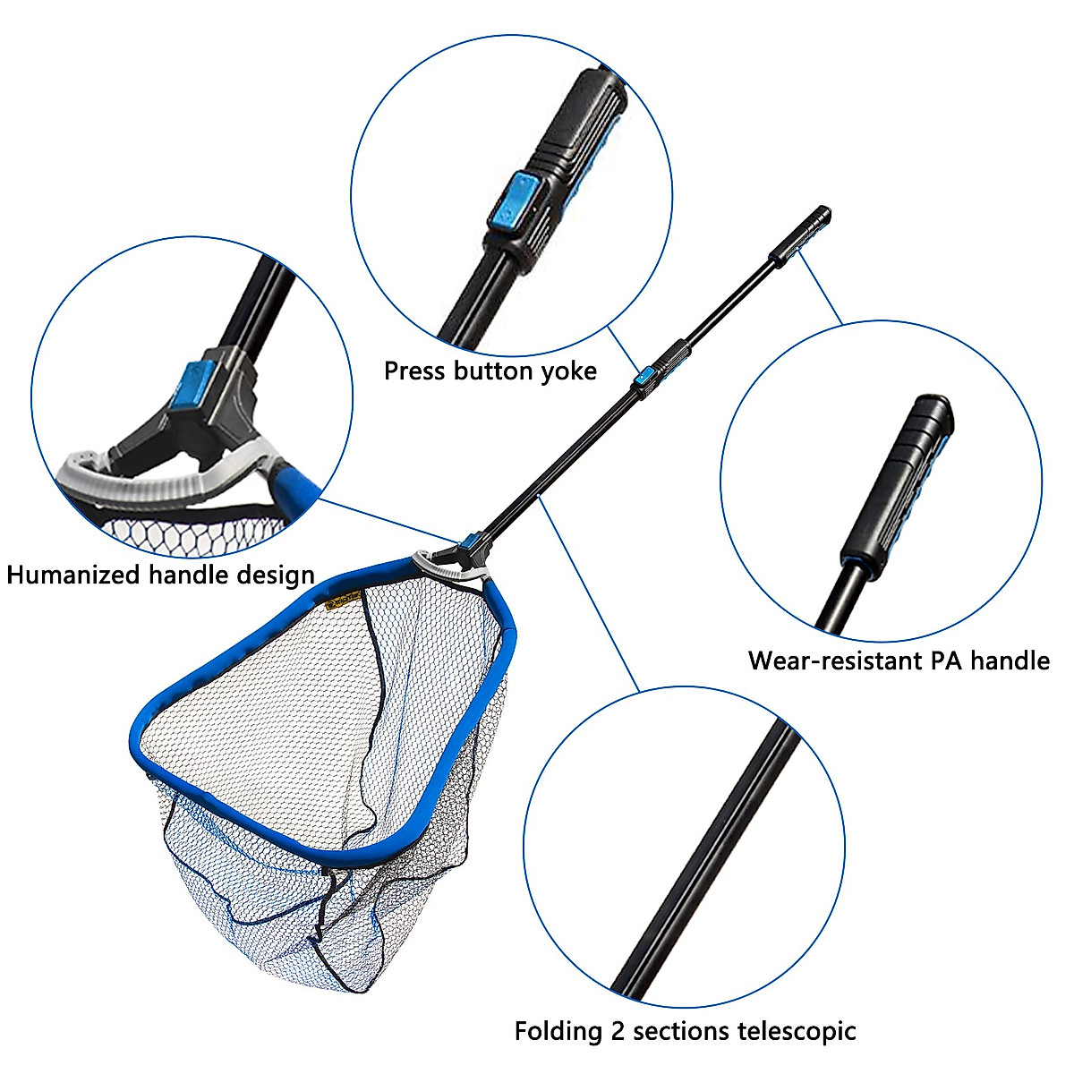 Black Paw Easy Fold Square Sliding Net Rubber Coated 3-D Net Bag, Super Strong, Collapsible Telescopic Pole Handle (Full 83''/210cm Hoop Size 23''/60cm Blue（Collapsible）)