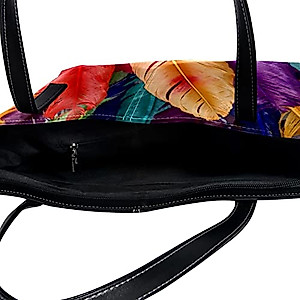 Large Leather Tote Bag Colorful Feather Pattern Handbag for Office College School