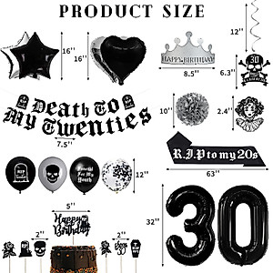 Black 30th Birthday Decorations for Women or Men, Death to My 20s Decorations, Death to My Twenties Banner Number 30 Balloons Rip to My 20s Sash Cake Toppers for Rip 20s Birthday Decorations