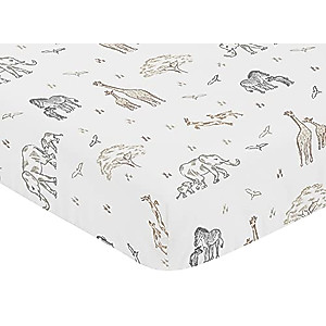 Sweet Jojo Designs Jungle Safari Animals Boy Girl Fitted Crib Sheet Baby Toddler Nursery Brown Taupe Black and White Gender Neutral Animal Elephant Giraffe Wildlife Adventure Zebra Elephants Serengeti