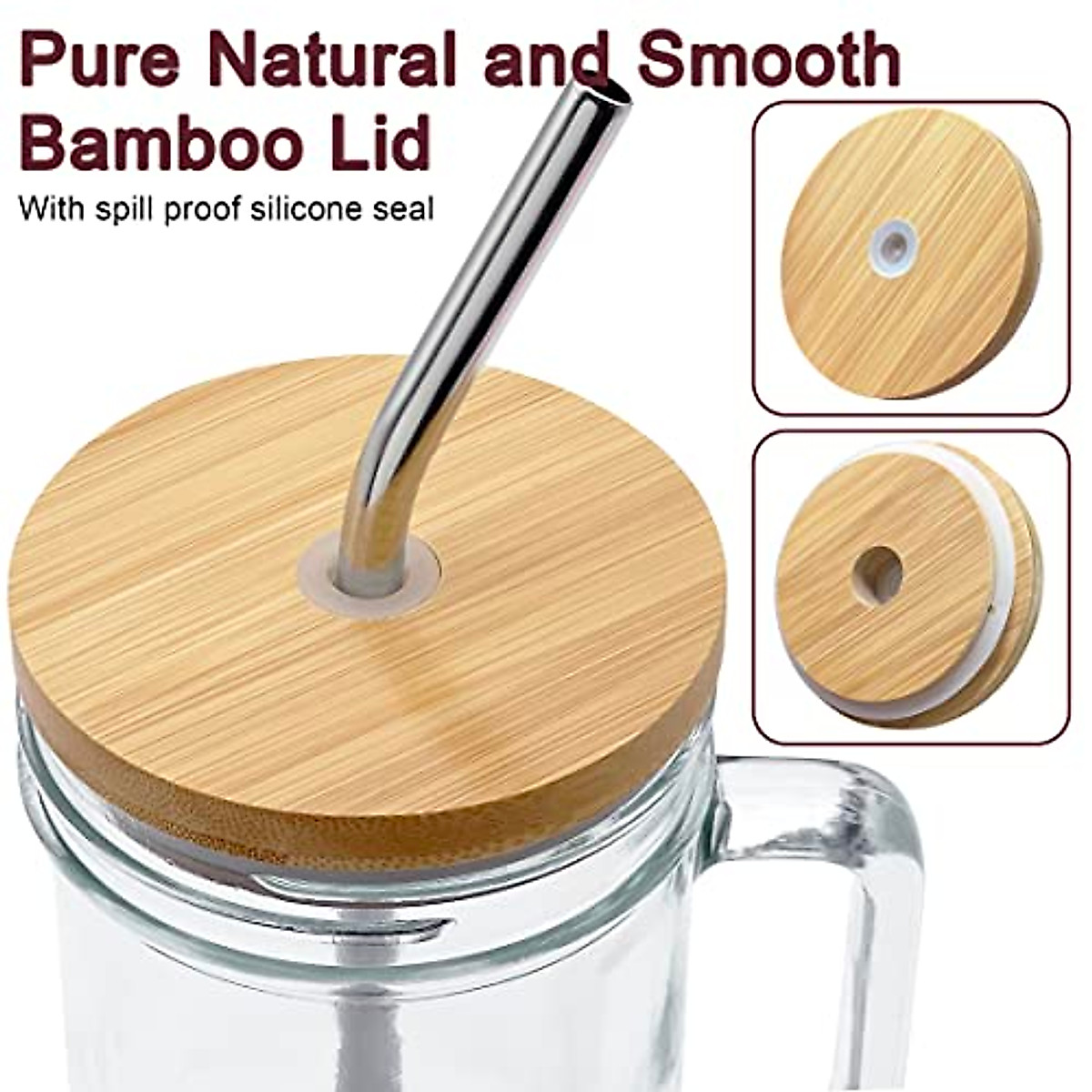 4-Pack 24oz Glass Tumbler Cups with Handle, Bamboo Lids, and Straws - Reusable Mason Jar Drinking Glasses for Iced Coffee, Smoothies, Beer, Juice, and Tea