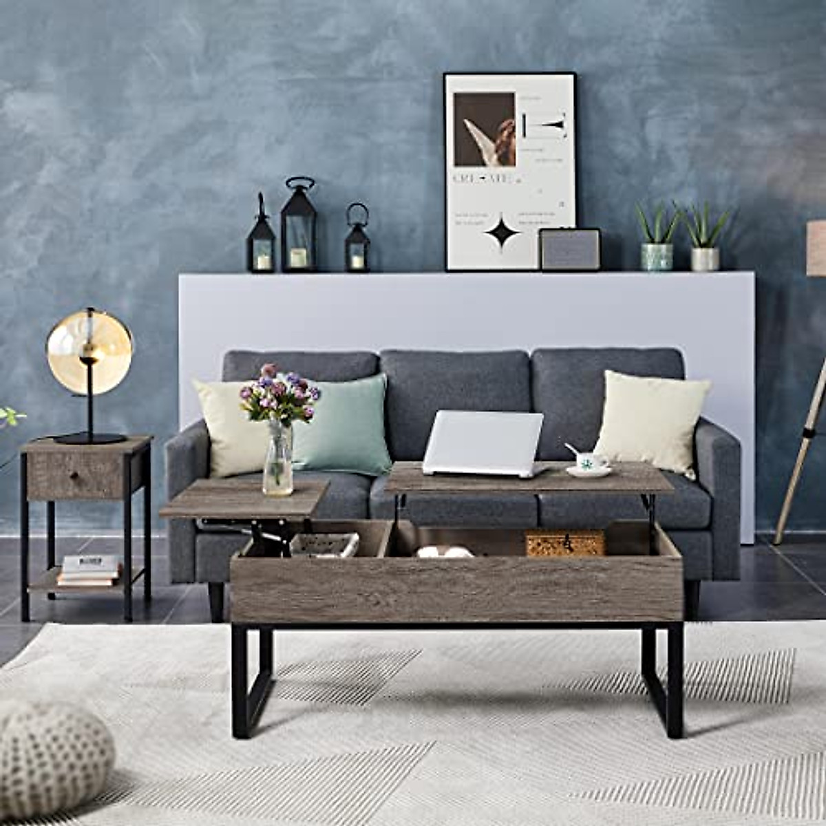 Yaheetech Lift Top Coffee Table with Storage, Industrial Lift up Living Room Table with Metal Frame, Wood Coffee Table for Living Room & Office , Taupe Wood