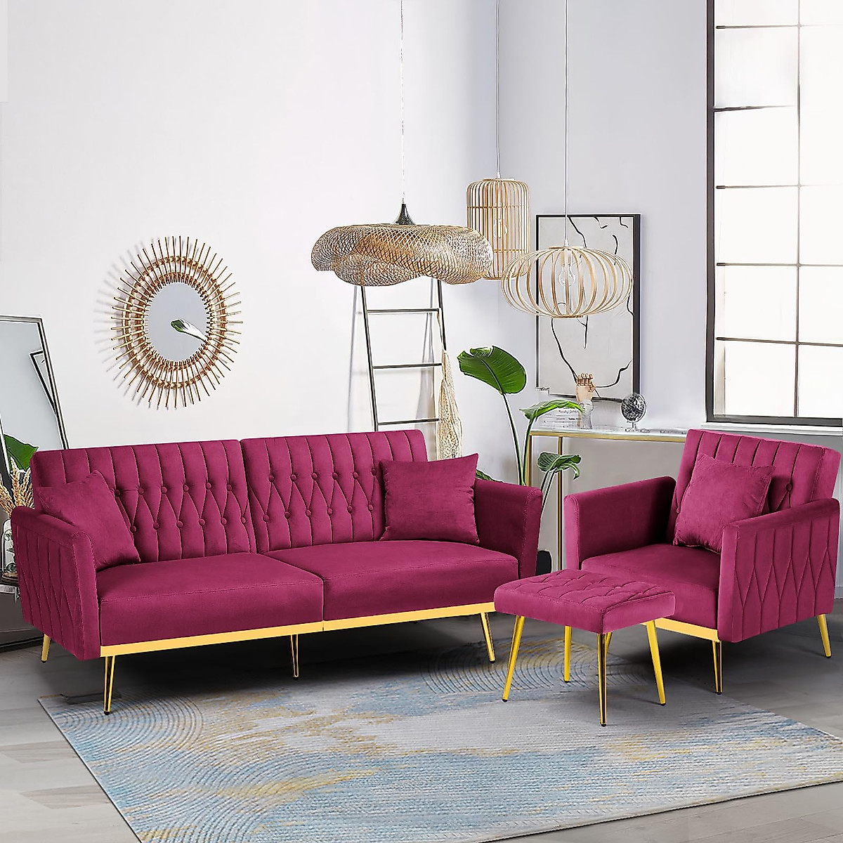 ACMEASE 2 Pieces Velvet Futon Sofa Set with Adjustable Backrests and Armrests, 70” Convertible Sofa Bed & Tufted Accent Chair with Ottoman for Living Room, Fuchsia