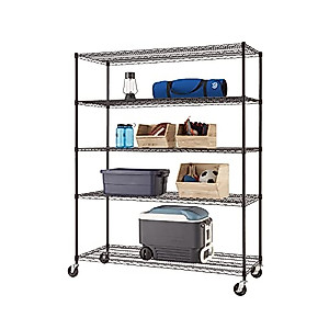 TRINITY Basics 5-Tier Adjustable Wire Shelving with Wheels for Kitchen Organization, Garage Storage, Laundry Room, NSF Certified, 600 to 2250 Pound Capacity, 60” by 24” by 77”, Black
