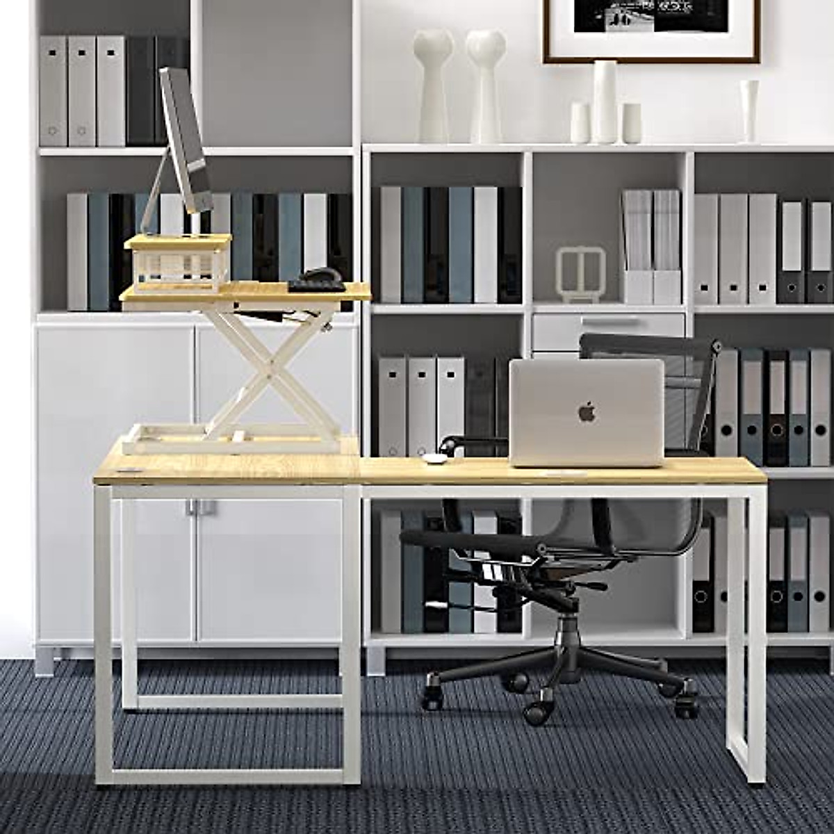 SHW 36-Inch Over Desk Height Adjustable Standing Desk with Monitor Riser, Oak