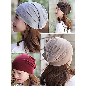 PoemLife Summer Cotton Thin Beanies Soft Stretch Hip-Hop Sleep Caps for Men Women(4 Pack Gray & White & Beige & Light Pink)