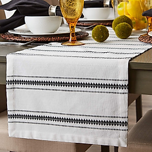 DII Zig Dobby Tabletop Collection, White Cotton Background with Embellished Stripe, Table Runner, 14x72, Black