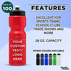 DISCOUNT PROMOS 28 oz. Custom Push Cap Plastic Water Bottles Set of 100, Personalized Bulk Pack - Perfect for Gym, Hiking, Camping, Outdoor Sports -Red