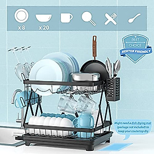 VOGWOLTH Dish Drying Rack, 2 Tier Collapsible Dish Drying Rack with Drainboard for Kitchen Counter Plate Holder Dishes Drainer Dryer Dishrack Dry Stand Folding Countertop Organizer Accessories