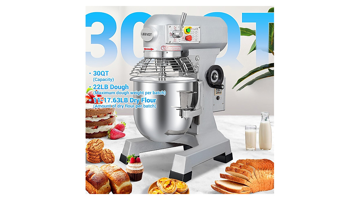 LEEVOT 30Qt 1250W Commercial Food Mixer, Commercial mixer 3-Speed Adjustable Heavy Duty Stand ...