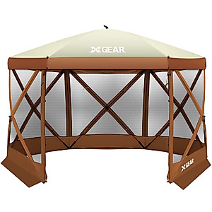 XGEAR 6 Sided Pop Up Camping Gazebo 11.5’x11.5’ Instant Canopy Tent Sun Shelter Screen House with Mosquito Netting, for Patio, Backyard, Outdoor,Brown