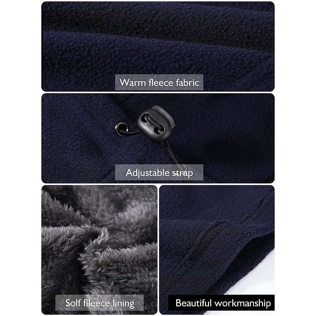 Winter Balaclava Hat Fleece Full Face Covering Scarf with Drawstring (Black, Navy Blue, 2)