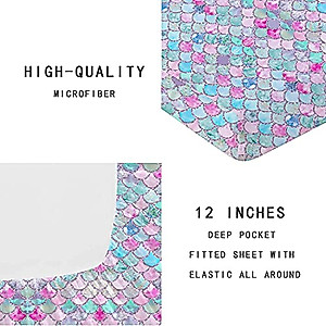 MUSOLEI Mermaid Fitted Sheet Set 3D Rainbow Scales Twin Girls Bedding Set 2PCS 1 Deep Pocket Fitted Sheet with 1 Pillowcases Wrinkle Free Cozy Microfiber(01,Twin)