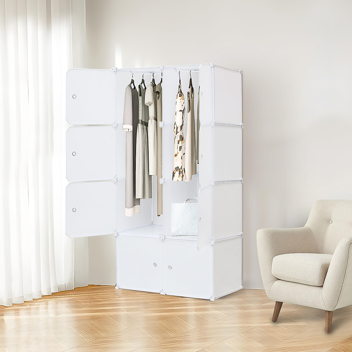 ALLGONICER DIY Assemble Wardrobe Closets, Clothes Dresser Storage Organizer,14"x18" Depth Cubes, Floor-Standing or Wall-Hanging, Sturdy and Weight Bearing with Patented Buckles. (2x4Cubes, White)