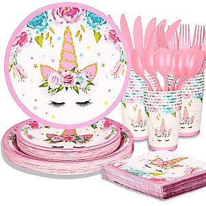 Gudvilla Birthday Decorations for Girls, 168 Pcs Pink Birthday Plates and Napkins Party Supplies, Girl Birthday Party Plates for 1st 2nd 3rd 4th 5th Girl Birthday Decorations, Serves 24 Guests