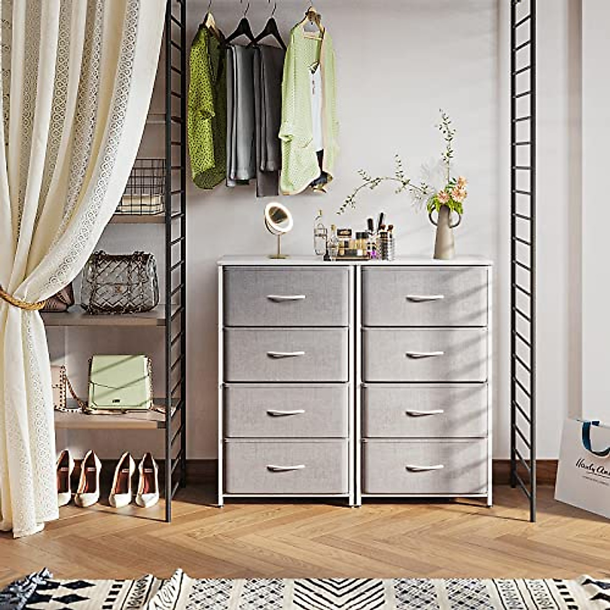 ODK Dresser for Bedroom with 4 Storage Drawers, Small Dresser Chest of Drawers Fabric Dresser with Sturdy Steel Frame, Dresser for Closet with Wood Top, Light Grey