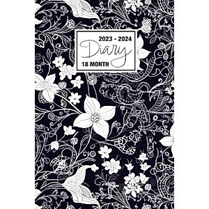 2023 - 2024: 18 Month Diary A5 Week to View on 2 Pages Weekly Journal Agenda WO2P Planner Jul 23 to Dec 24 Horizontal With Moon Phases, UK & US ... Charcoal White Floral Simple Line Art Pattern