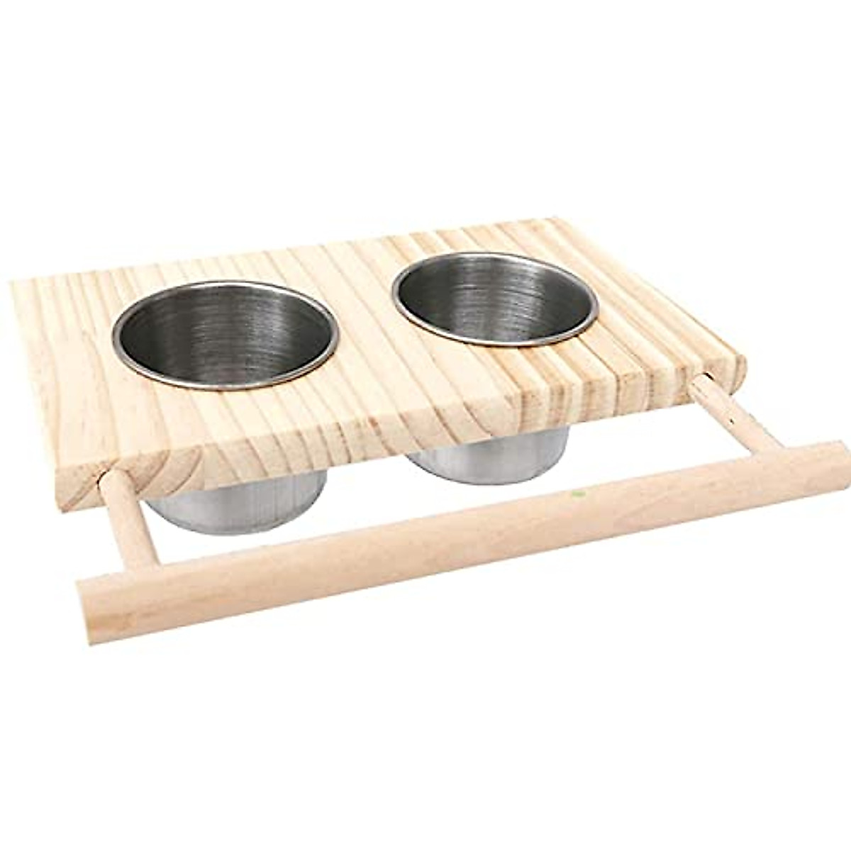 Wood Perch with Double Feeder Cups for Bird Parrot Budgie Parakeet Cockatiel Conure Lovebirds Finch Canary Macaw African Greys Amazon Cockatoo to (L)