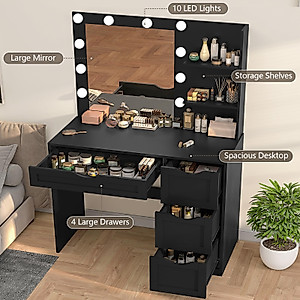 usikey Makeup Vanity Desk with Mirror and 10 LED Lights, Makeup Vanity Table with 4 Drawers, Vanity Desk Dressing Table with 2 Storage Shelves, 3 Color Modes Adjustable Brightness for Bedroom,Black