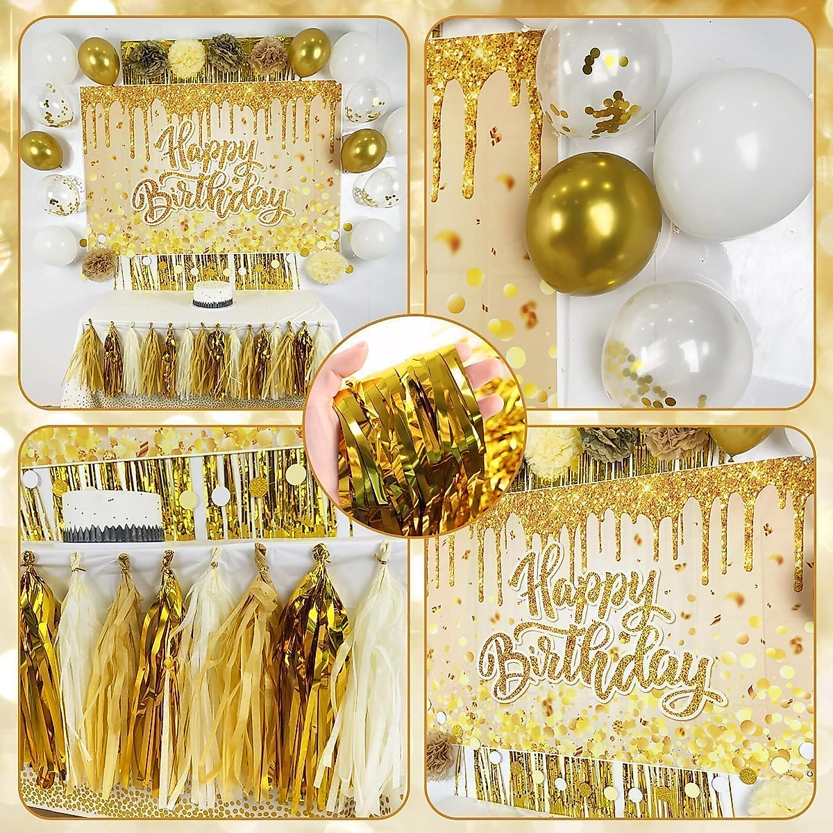 Gold Birthday Party Decorations Set Happy Birthday Decorations for Women Girls- Happy Birthday Banner Backdrop Gold and White Balloons Tassel Curtains Gold Dot Tablecloth Birthday Party Supplies