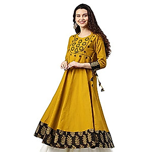 Yash Gallery Women's Cotton Slub Sequin Work Angrakha Kurtis (Mustard Yellow)
